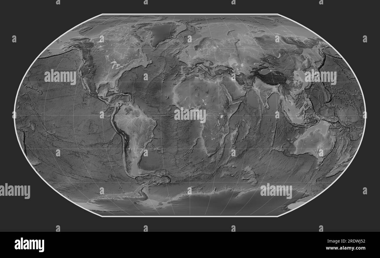 World grayscale elevation map in the Kavrayskiy VII projection centered ...