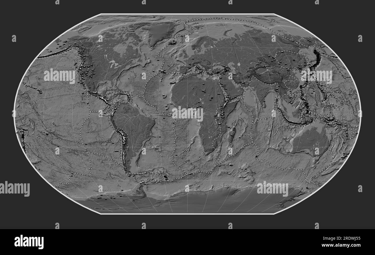 Distribution of known volcanoes on the world bilevel elevation map in ...