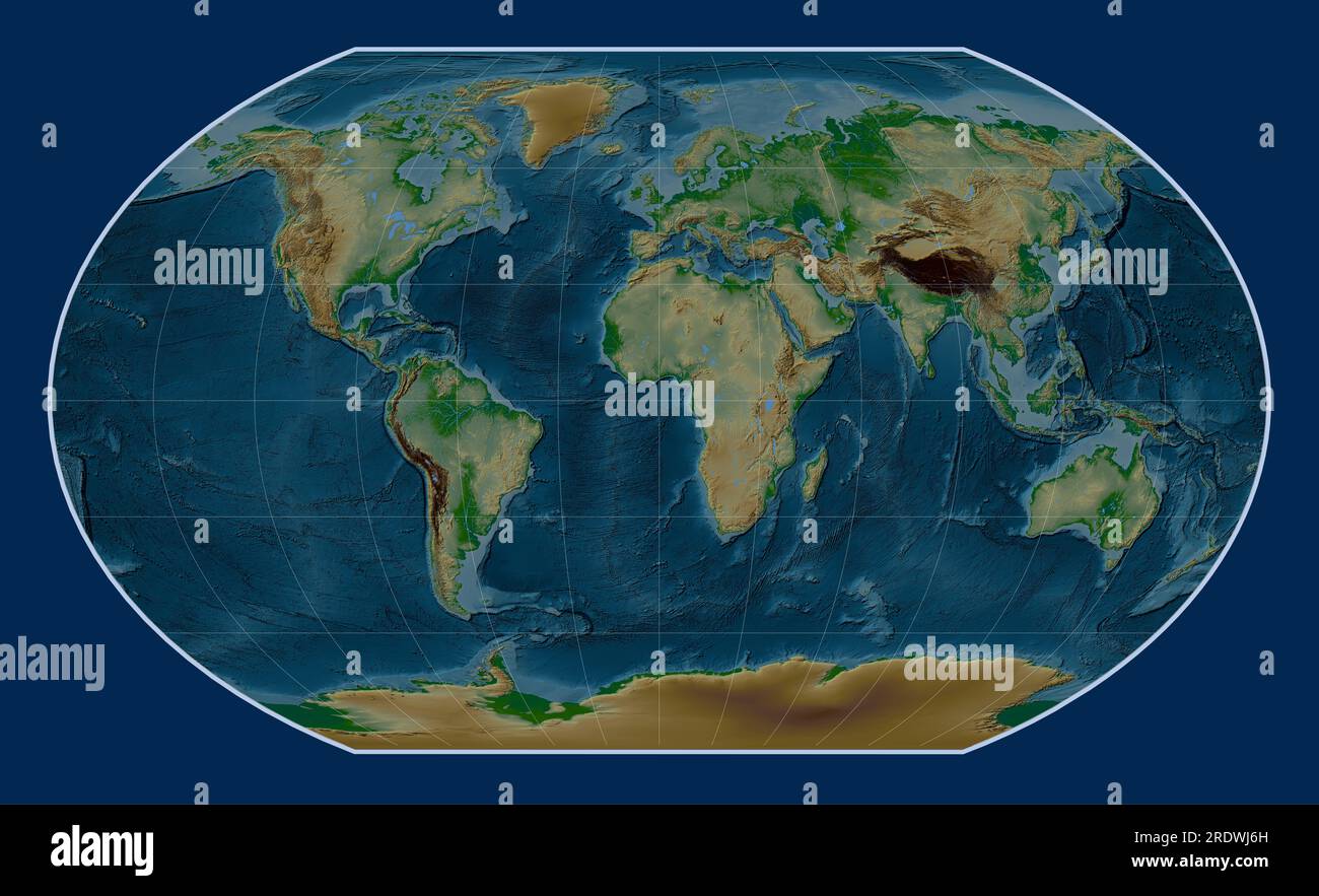 World physical elevation map in the Kavrayskiy VII projection centered ...