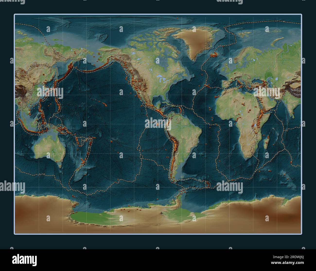 Distribution of known volcanoes on the world wikipedia style elevation ...