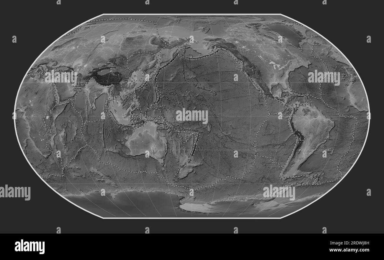 Tectonic plate boundaries on the world grayscale elevation map in the ...