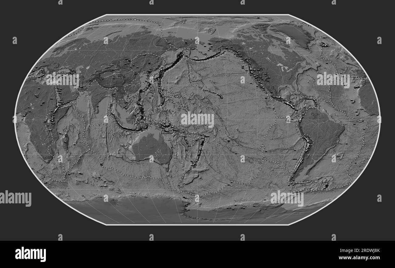 Distribution of known volcanoes on the world bilevel elevation map in ...
