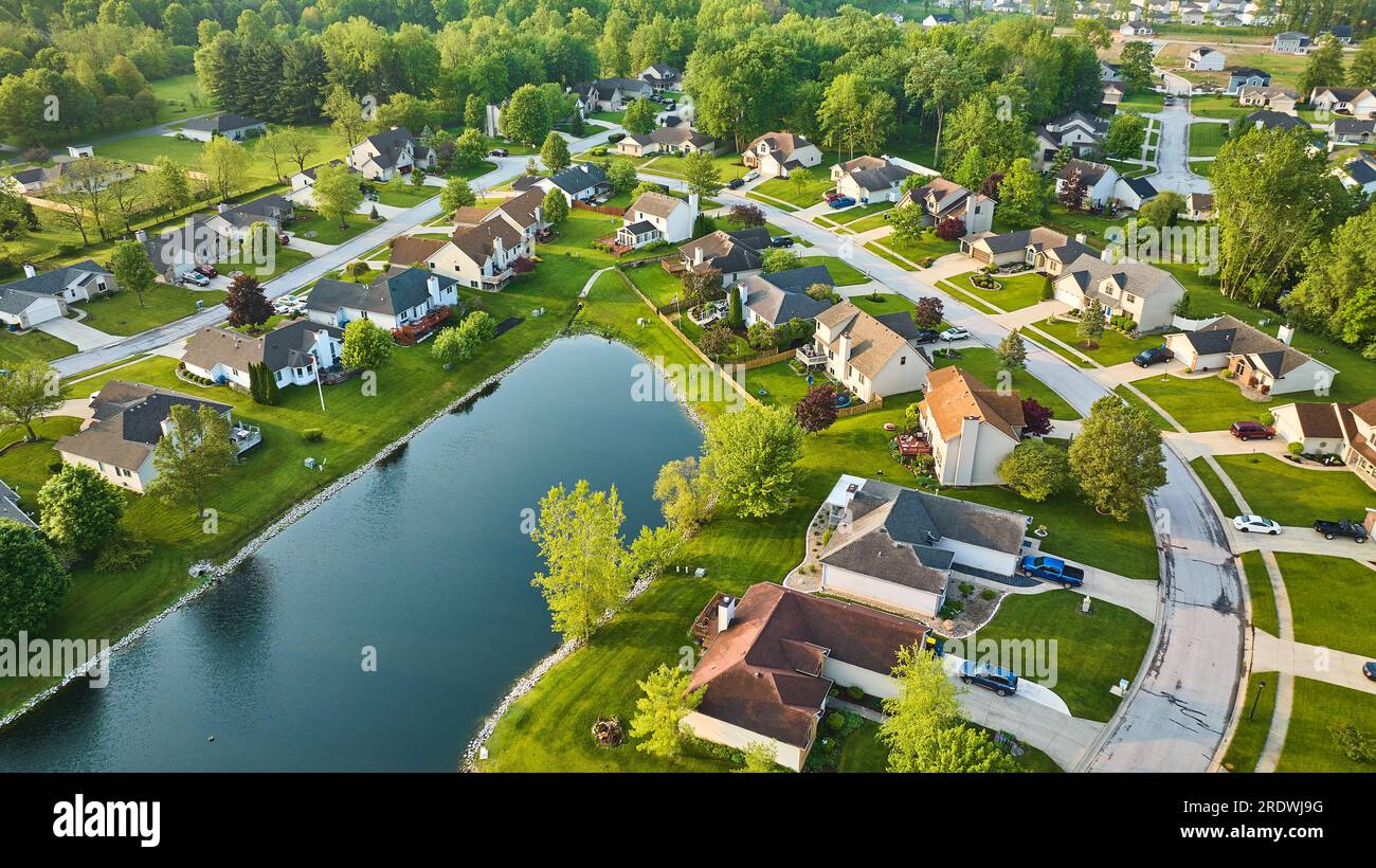 Summer housing addition neighborhood with pond distant housing ...