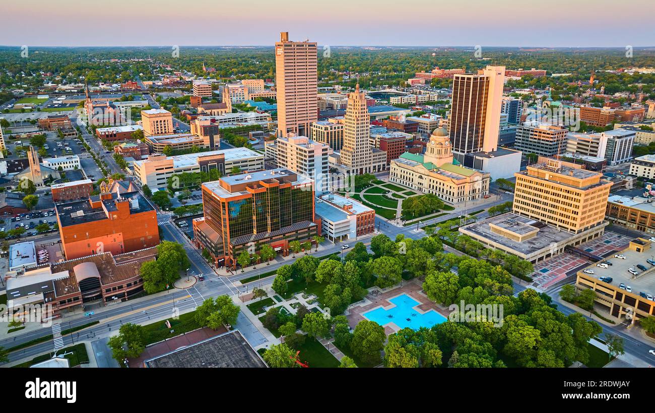 Aerial downtown Fort Wayne city of churches sunrise Freimann Square ...