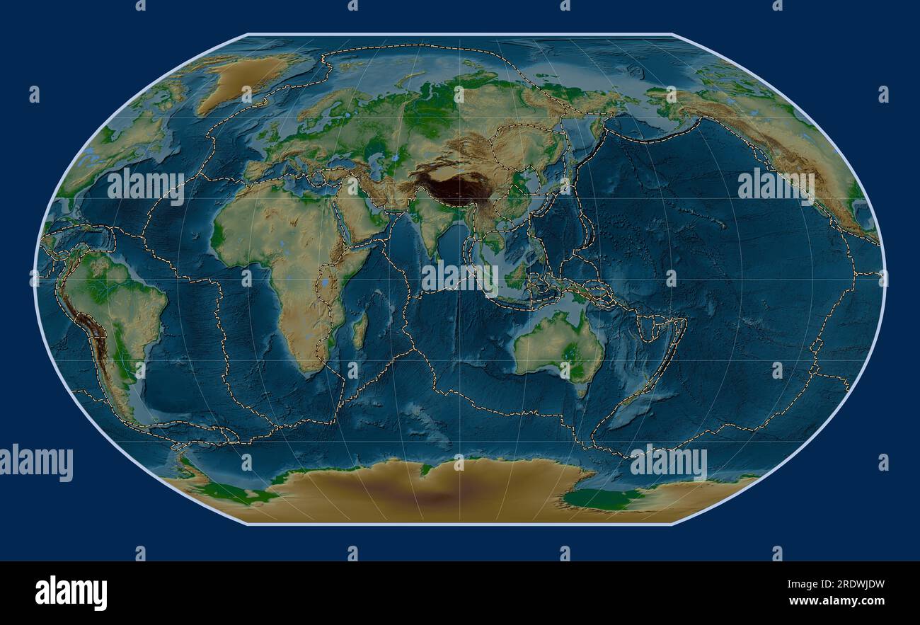 Tectonic plate boundaries on the world physical elevation map in the ...