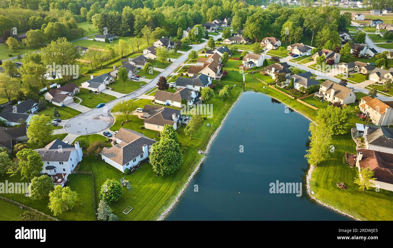 Cul-de-sac aerial suburban neighborhood tree forest skyline in summer ...