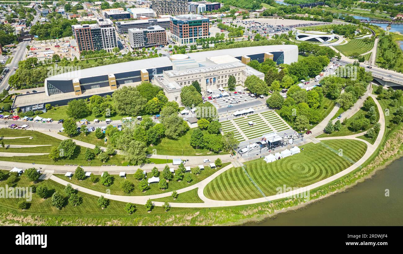 Aerial Lower Scioto Greenway in front of Center of Science and Industry ...
