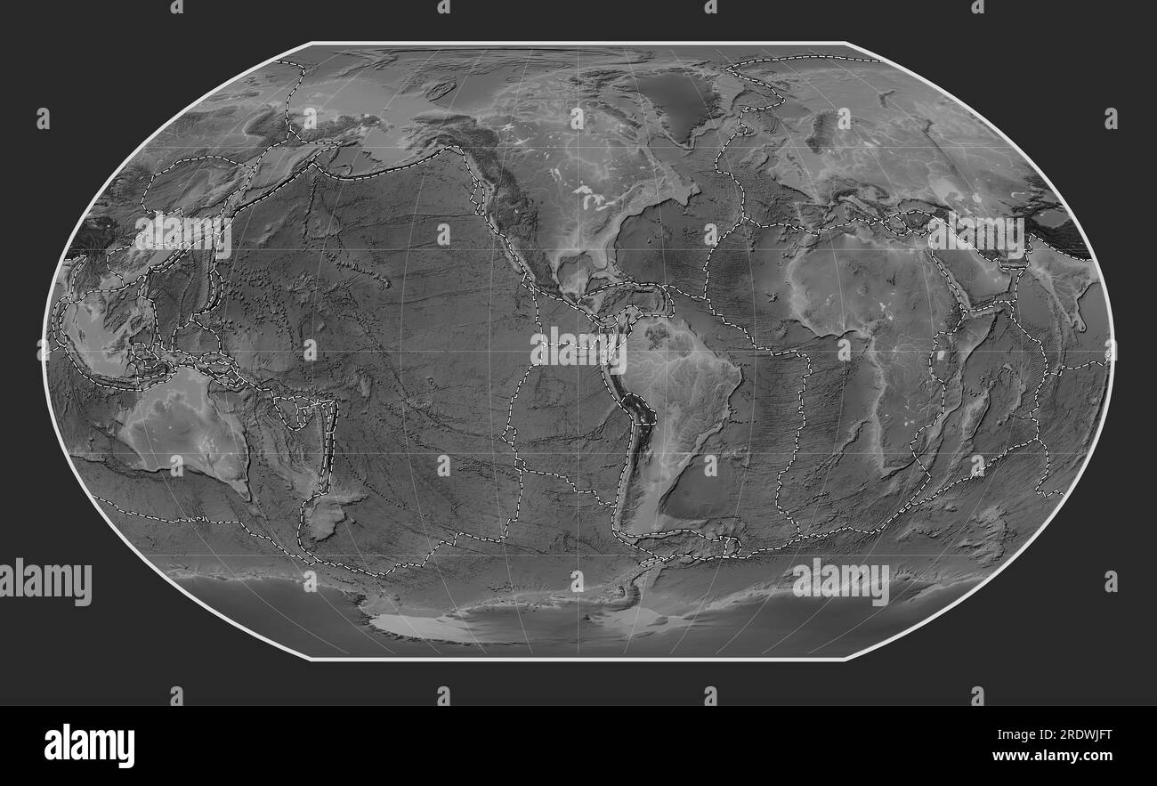 Tectonic plate boundaries on the world grayscale elevation map in the ...