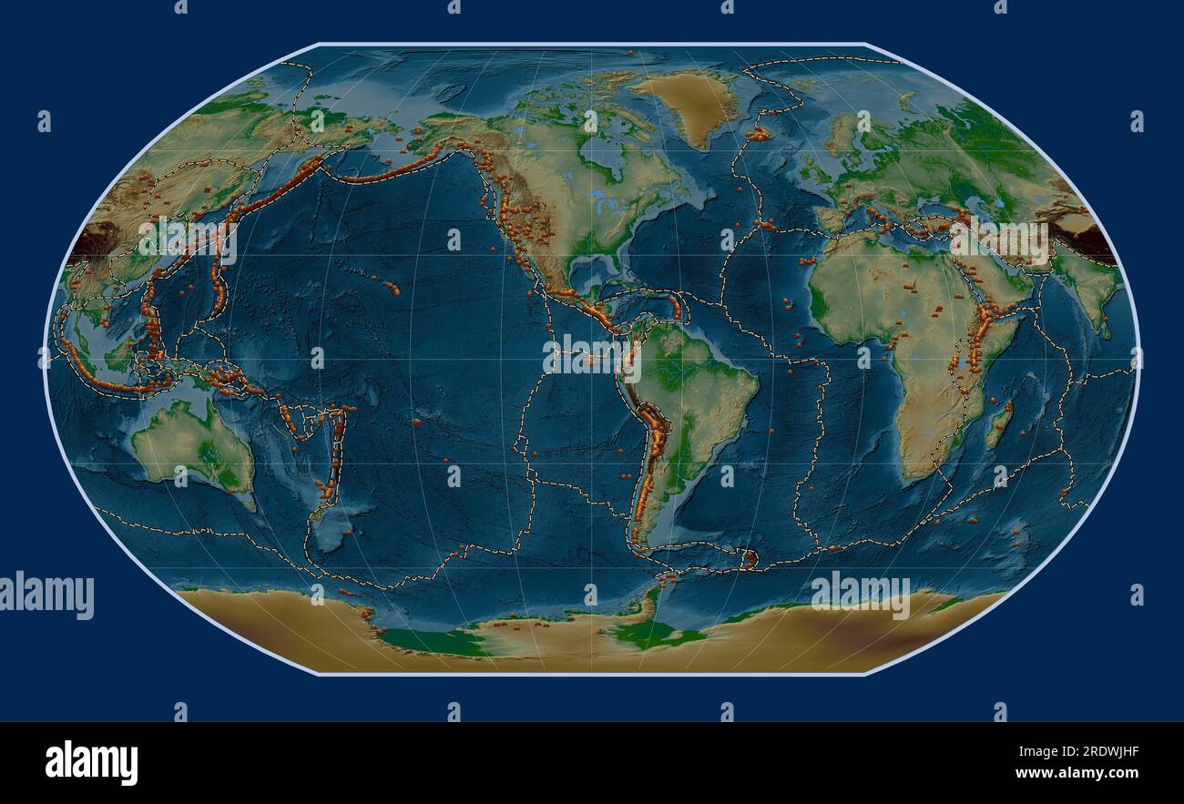 Distribution of known volcanoes on the world physical elevation map in ...