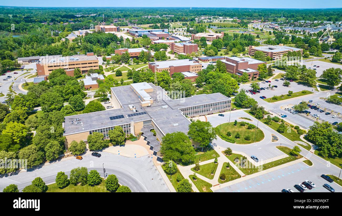 PFW campus aerial with all main buildings on bright summer day with ...