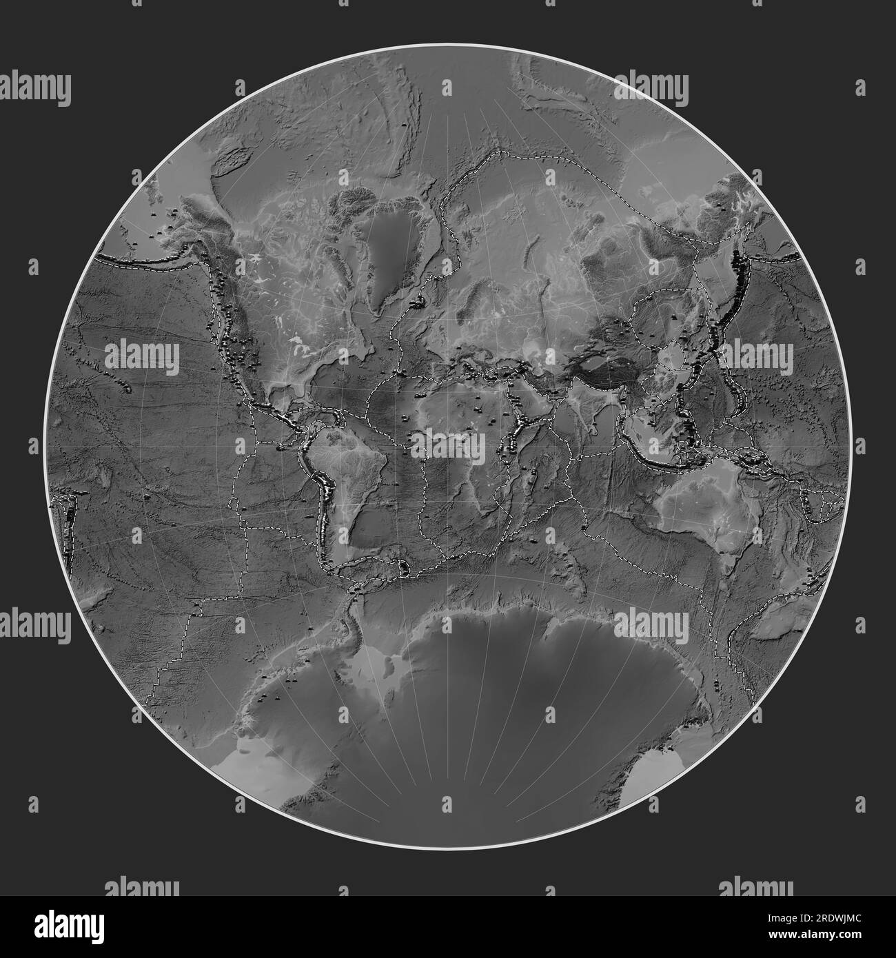Distribution of known volcanoes on the world grayscale elevation map in ...