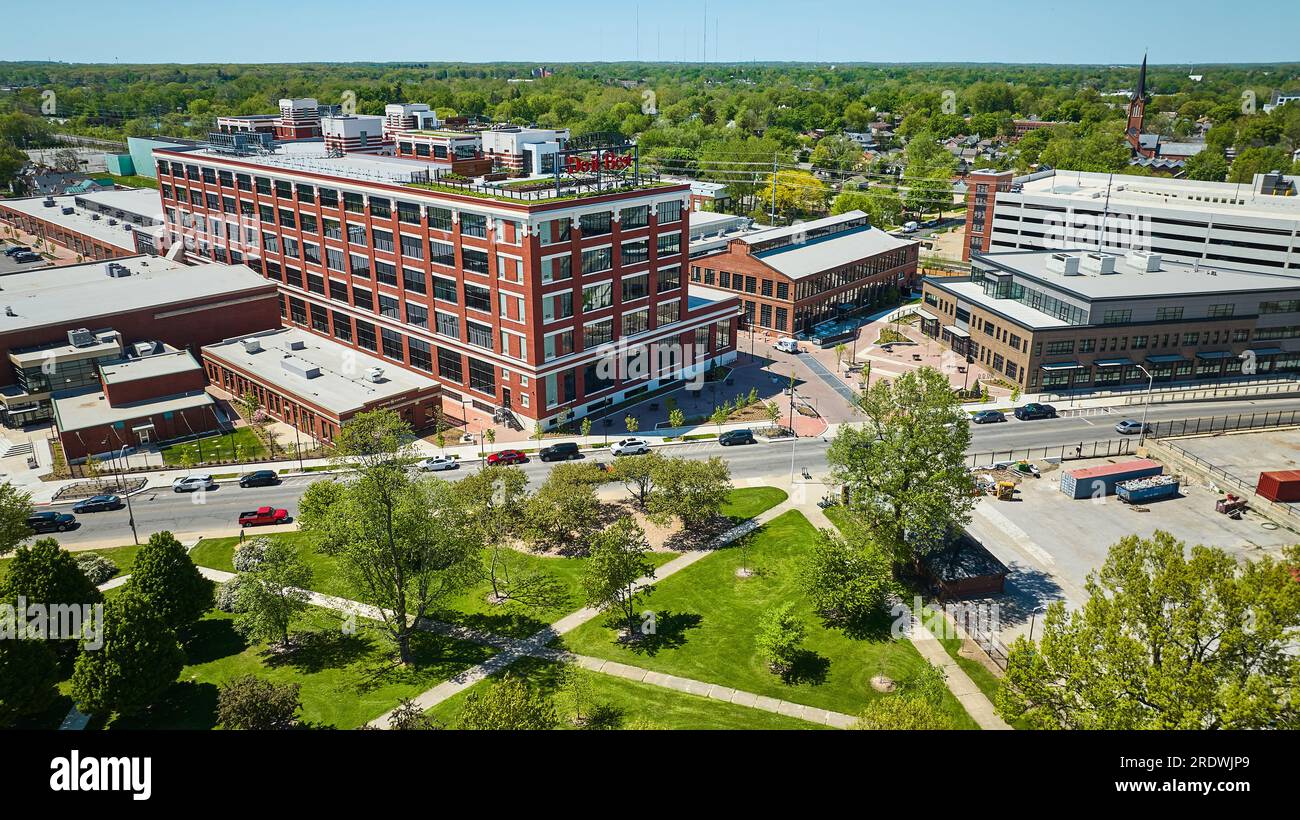 Aerial of park playground near old General Electric Works factory ...