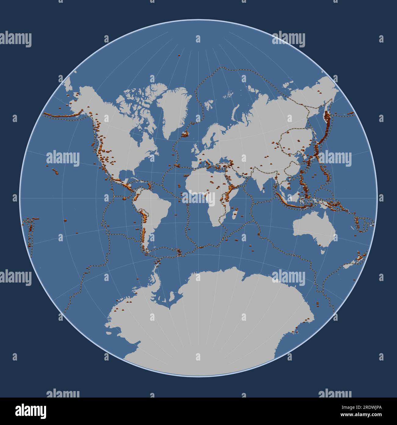 Distribution of known volcanoes on the world solid contour map in the ...