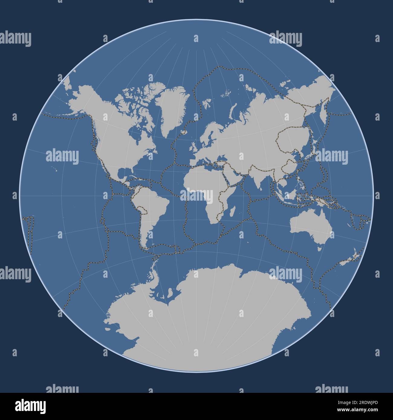 Tectonic Plate Boundaries On The World Solid Contour Map In The Lagrange Projection Centered On