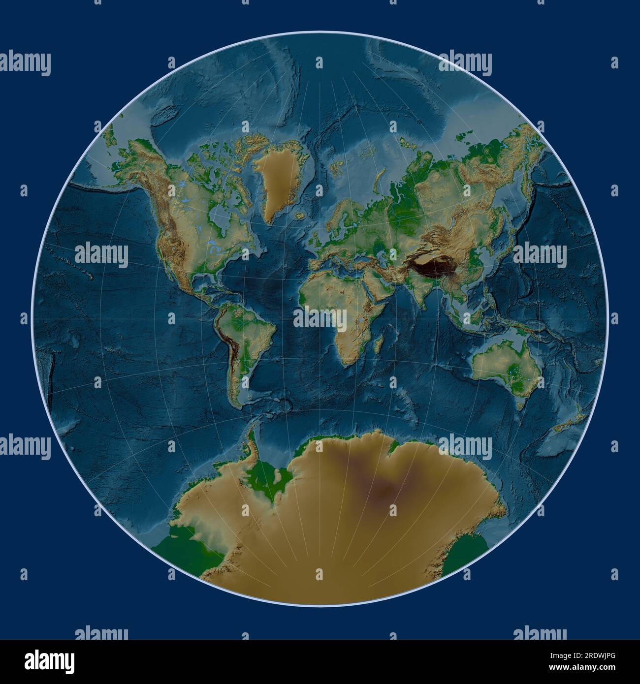 World physical elevation map in the Lagrange projection centered on the ...