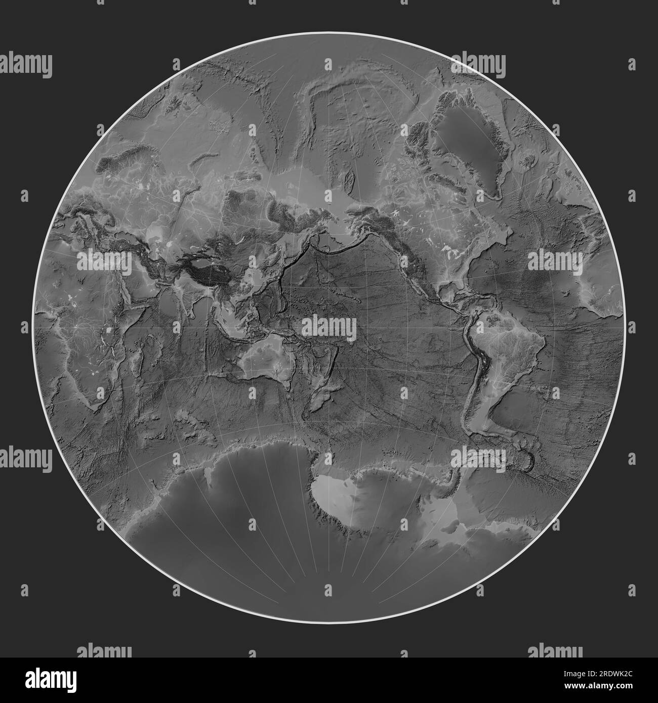 World grayscale elevation map in the Lagrange projection centered on ...