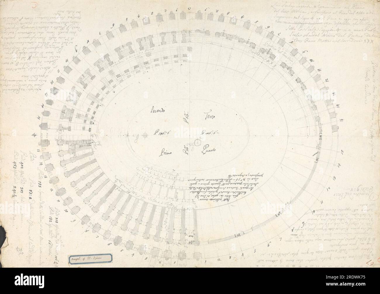 Plan of three quarters of the amphitheatre at El Djem with descriptive ...