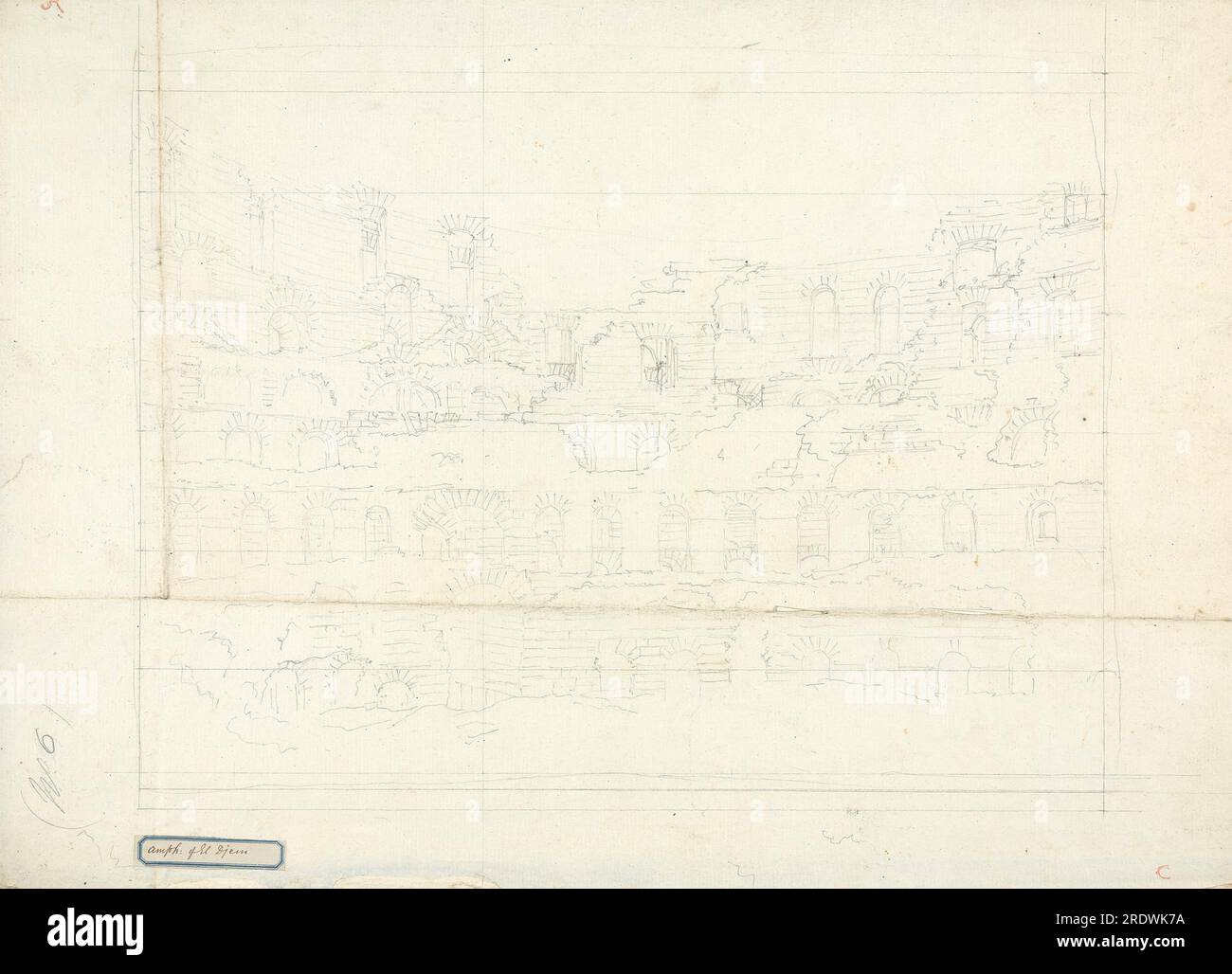 2 drawings on 1 sheet of interior of amphitheatre at El Djem showing ...