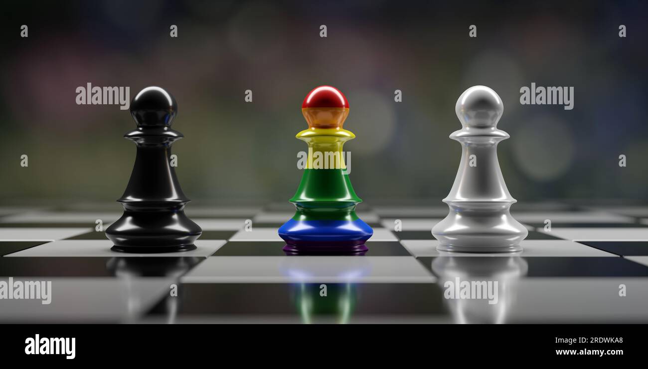Rainbow color Chess pawn among black and white pawn on chessboard ...