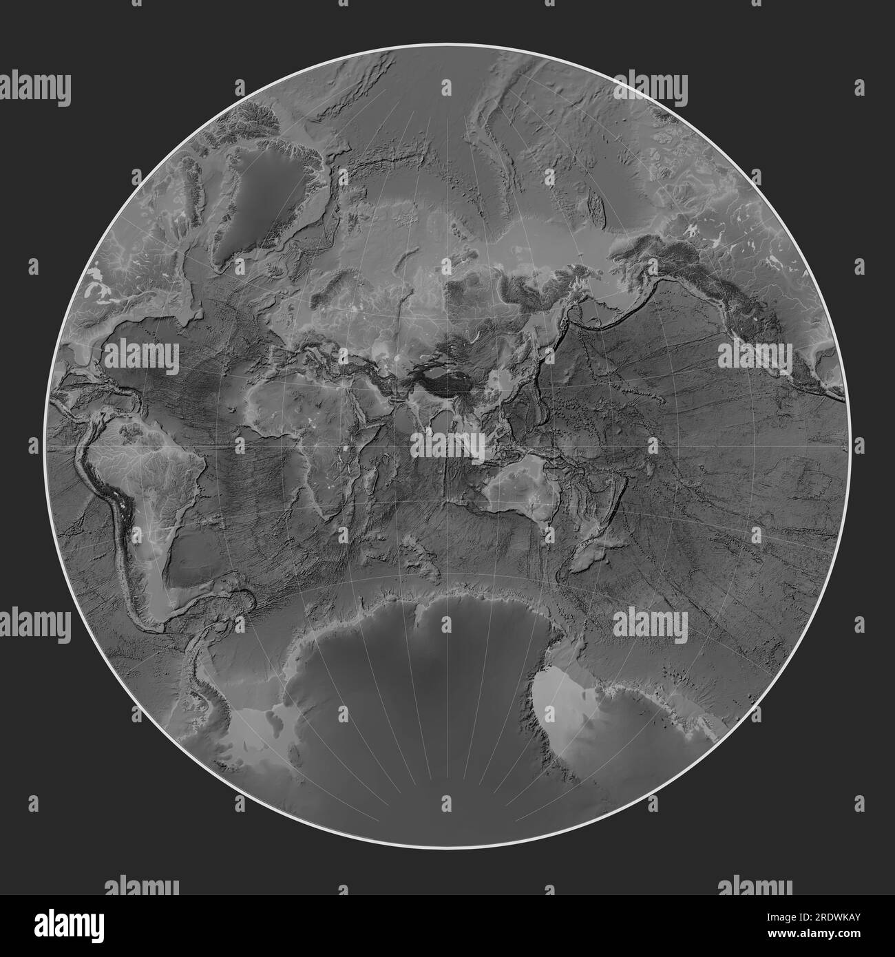 World grayscale elevation map in the Lagrange projection centered on ...
