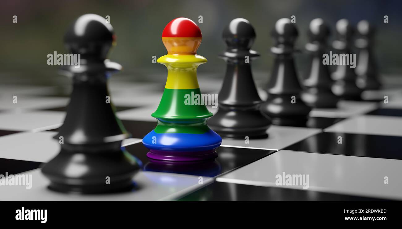 Rainbow color Chess pawn among black pawns on chessboard, Inclusion ...