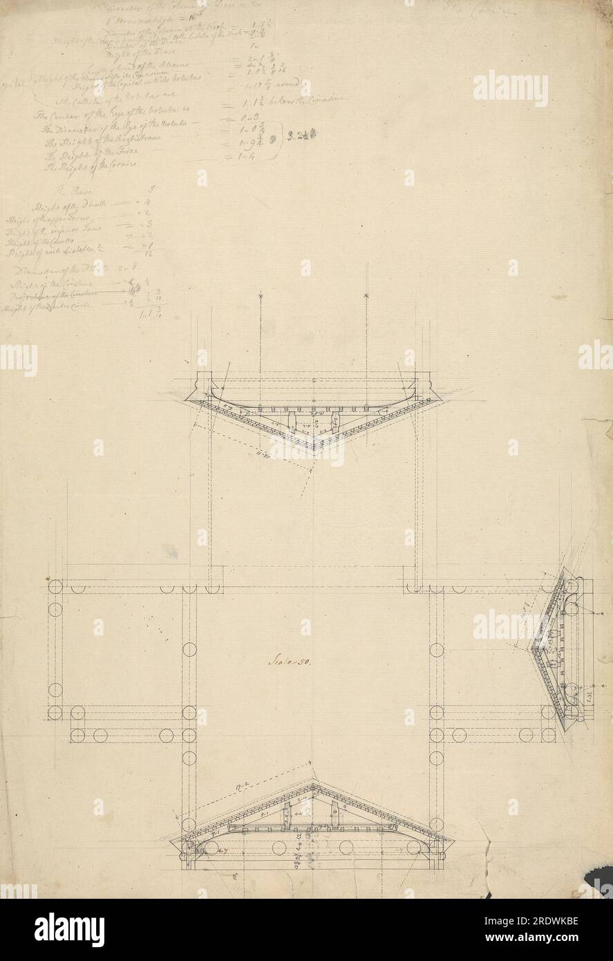 Measured drawing of section of pediments of temple Baalbec by James ...
