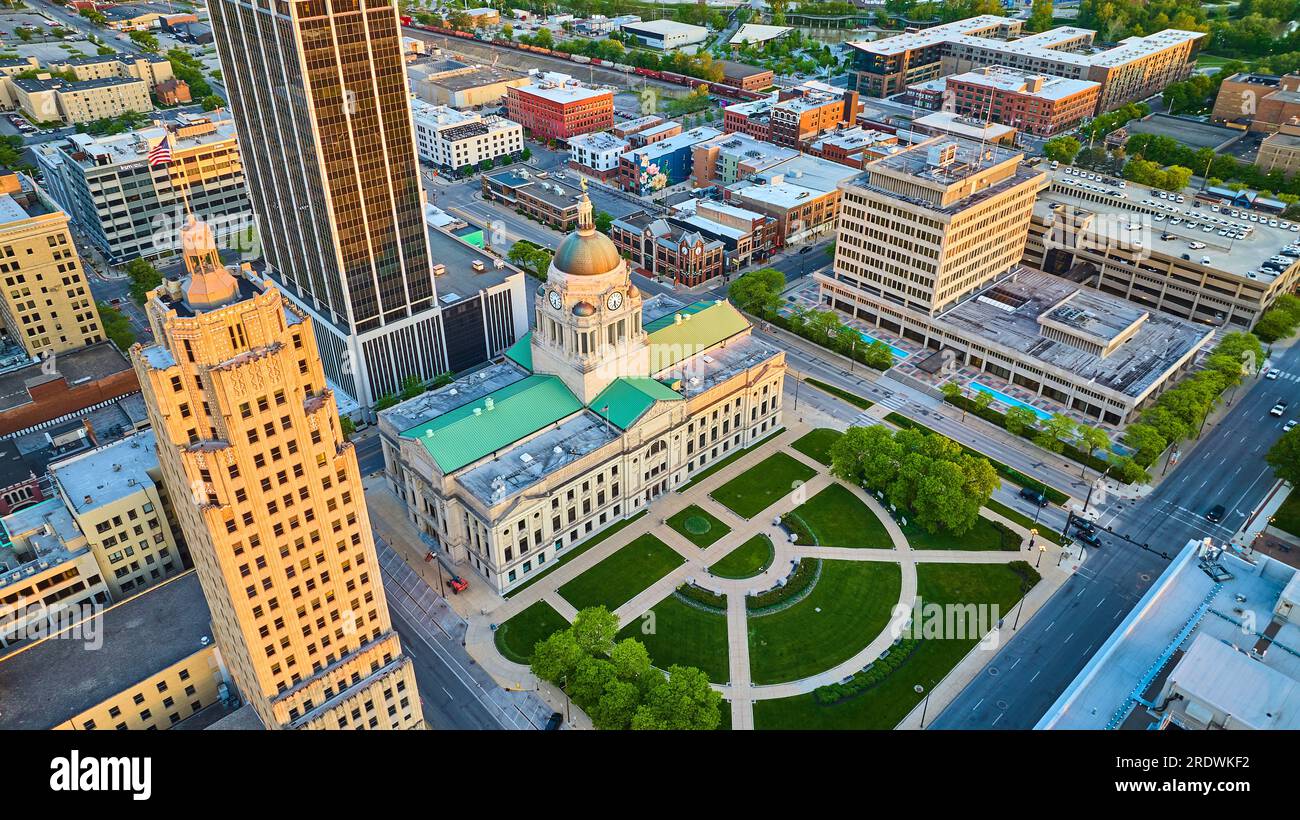 Aerial Fort Wayne courthouse Indiana summer trees and lawn downtown ...