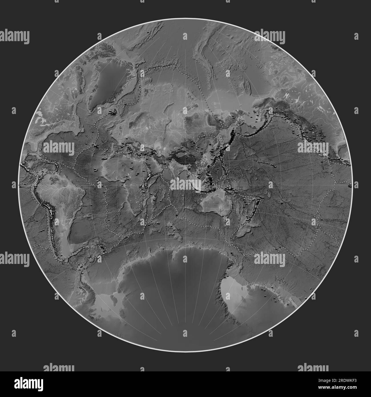 Distribution of known volcanoes on the world grayscale elevation map in ...