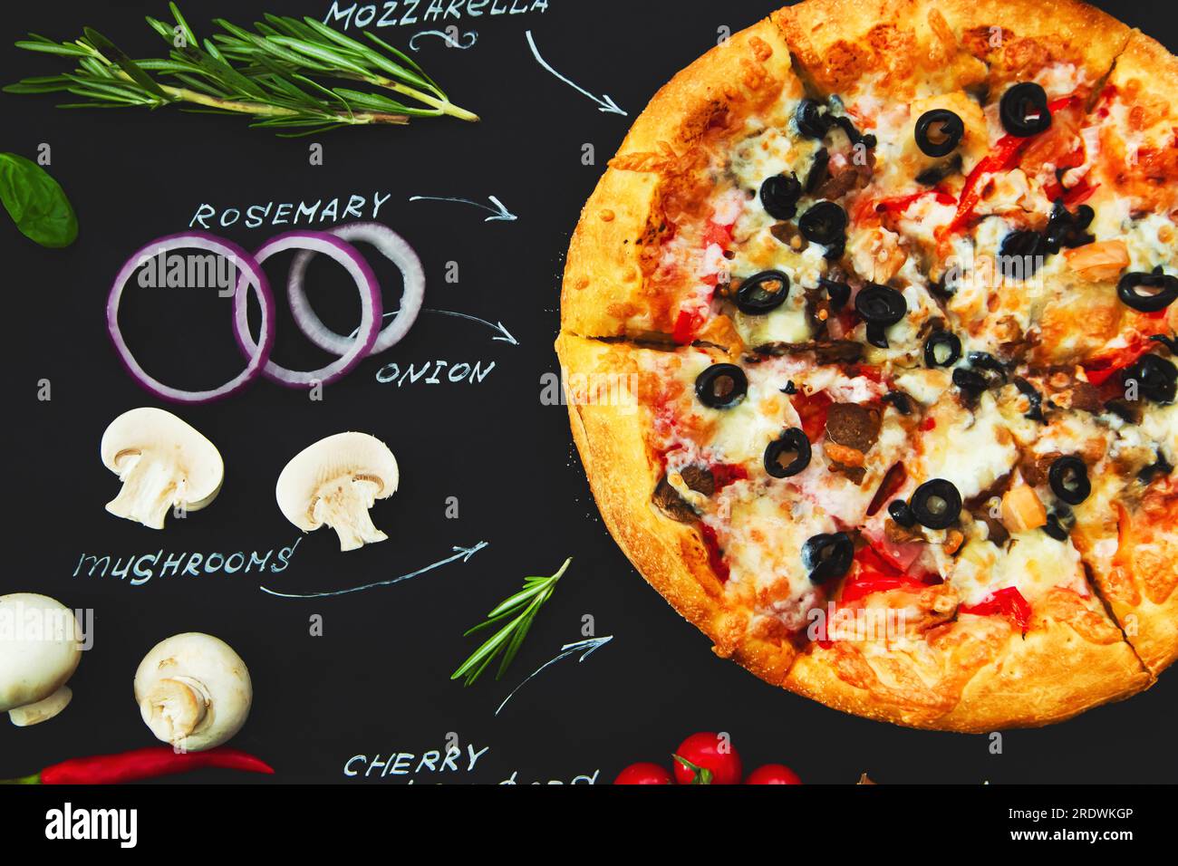 Pizza, ingredients and product names written in chalk on a black ...