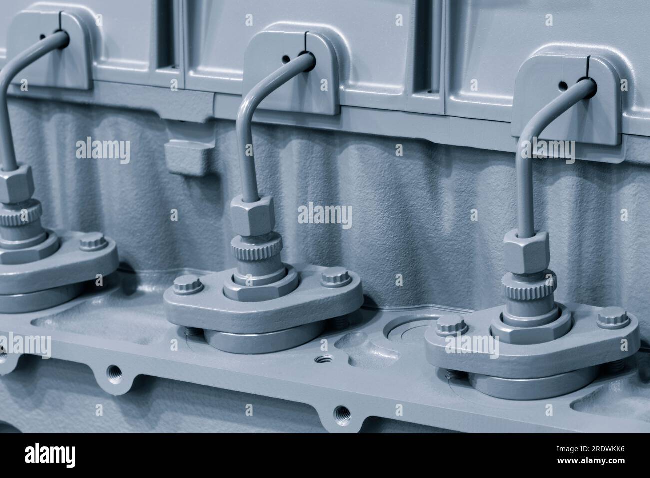 Blue diesel engine. Fragment of a diesel motor close-up. Selective on ...