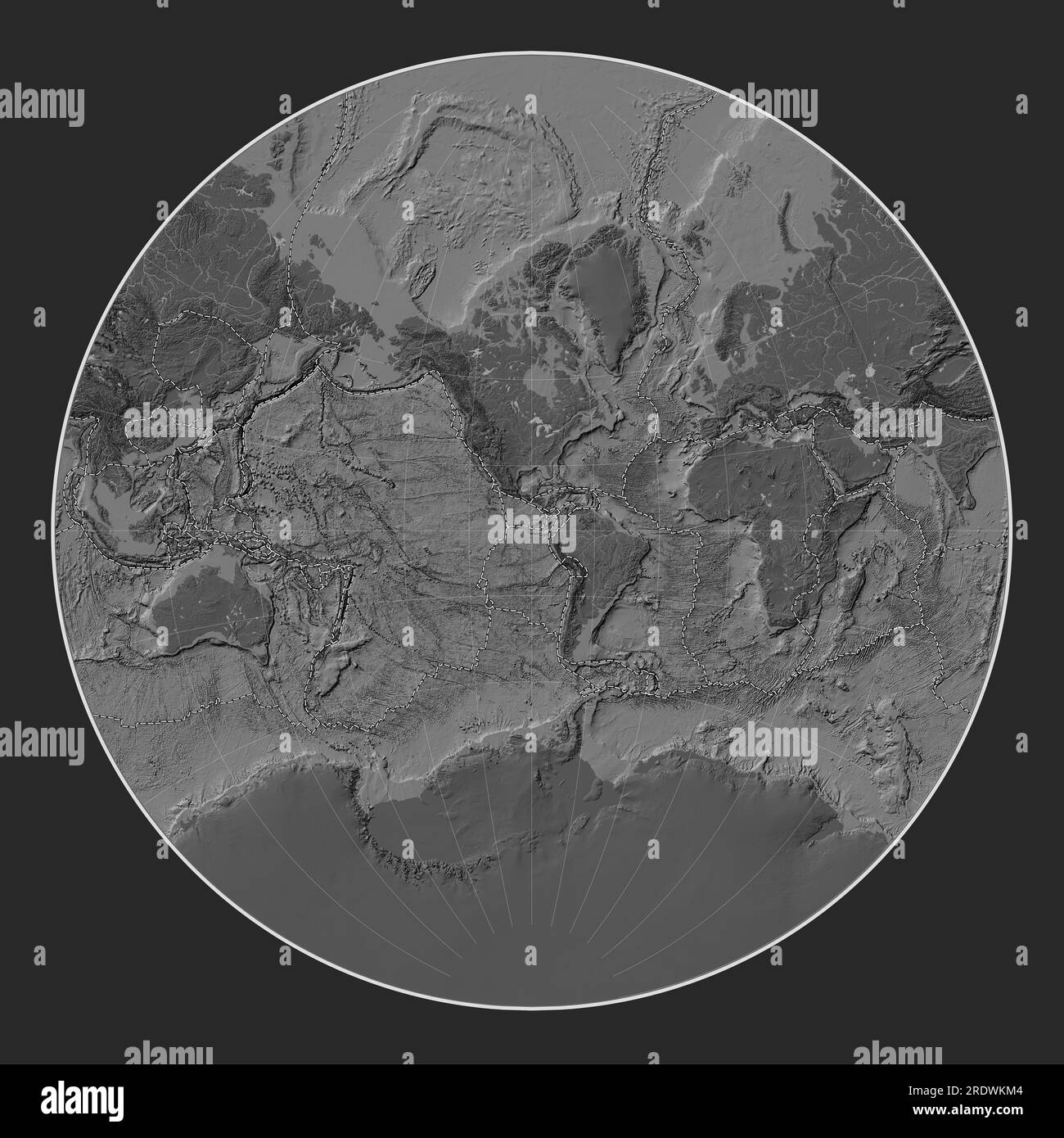 Tectonic Plate Boundaries On The World Bilevel Elevation Map In The Lagrange Projection Centered