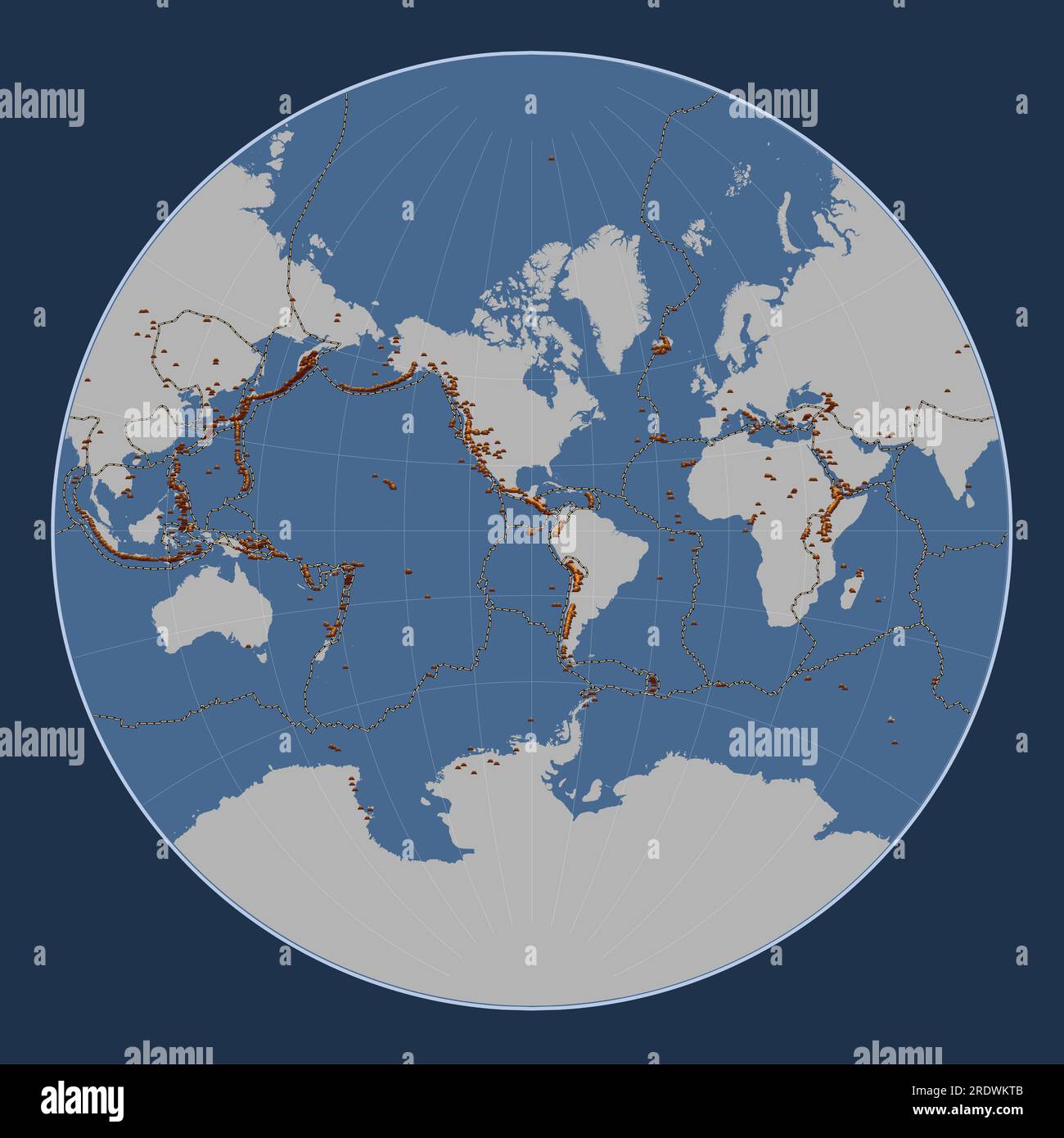 Distribution of known volcanoes on the world solid contour map in the ...
