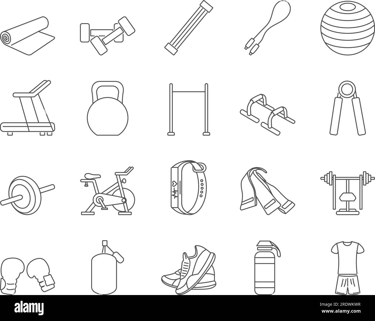 Fitness Equipment Icons Set. Dumbbells, Jump Rope, Sportswear. Editable Stroke. Simple Icons ...