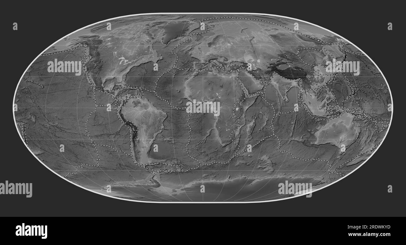 Tectonic plate boundaries on the world grayscale elevation map in the ...