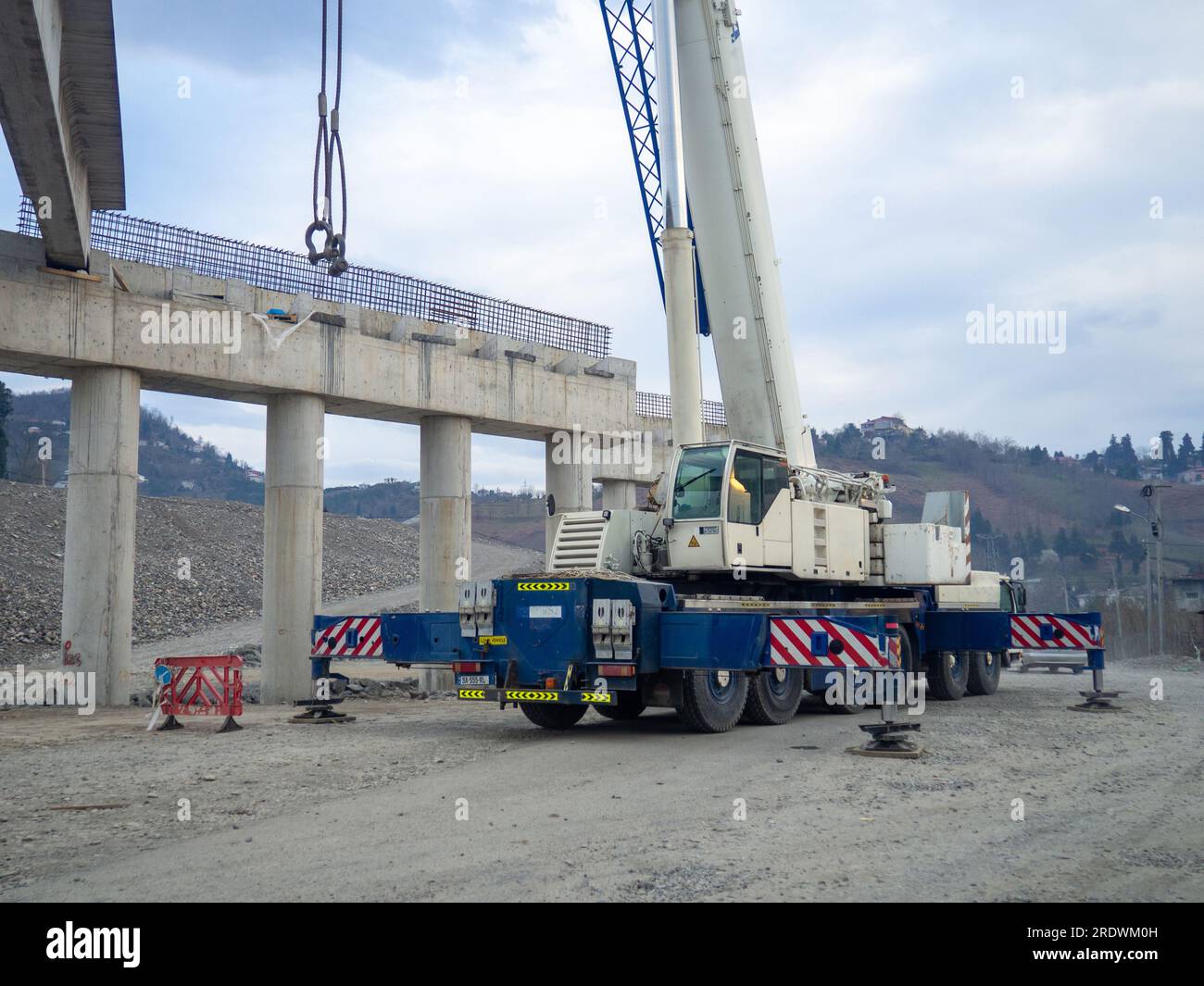 Bridge construction. Bridge supports in the mountains. Interchange ...