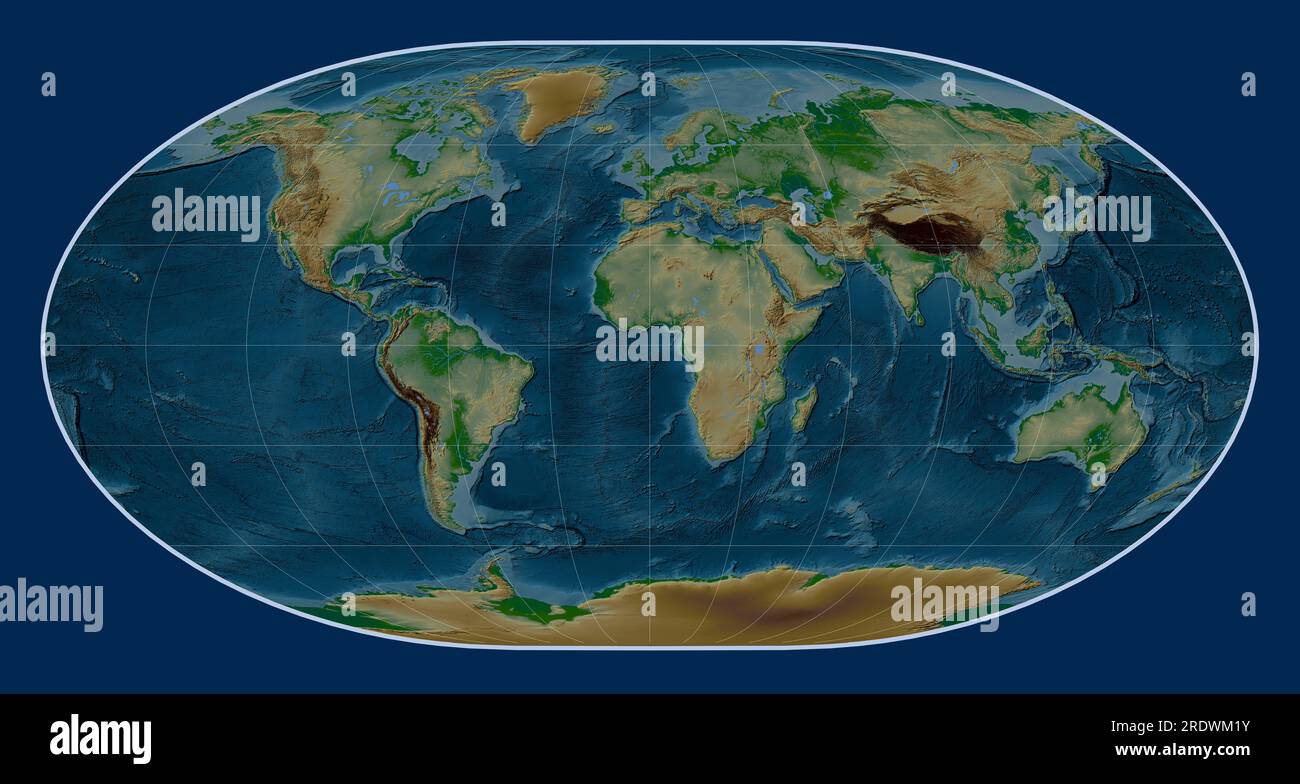 World physical elevation map in the Loximuthal projection centered on ...