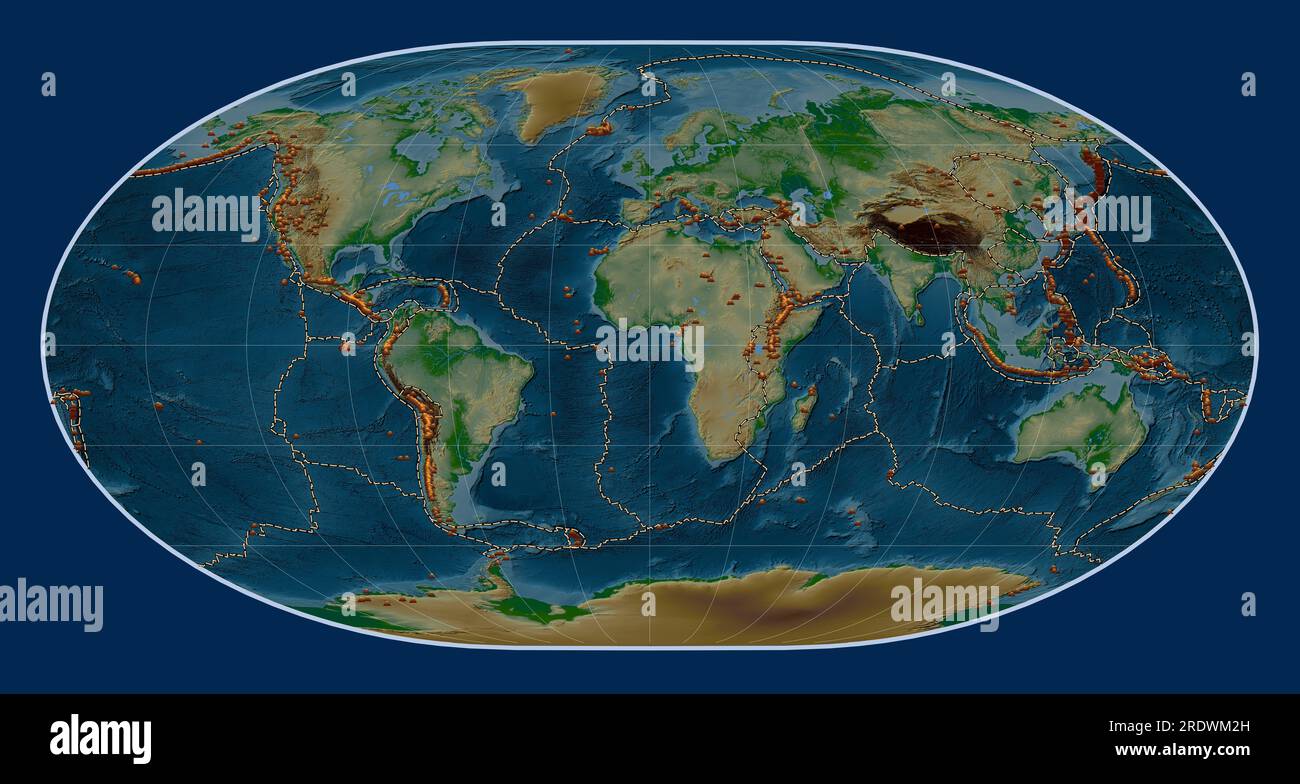 Distribution of known volcanoes on the world physical elevation map in ...