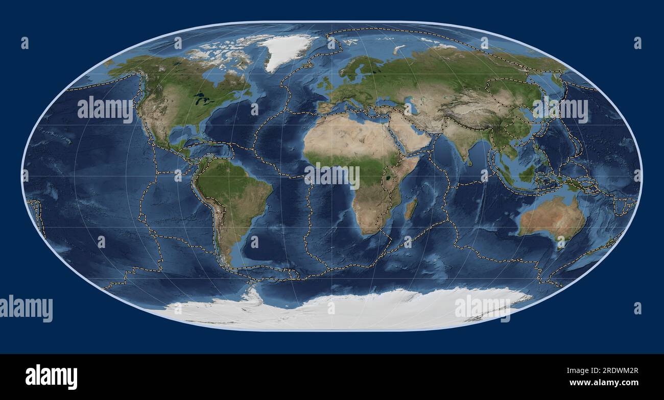 Tectonic plate boundaries on the world blue Marble satellite map in the ...