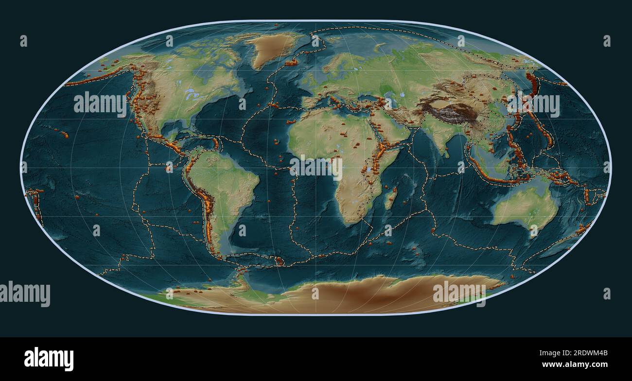 Distribution of known volcanoes on the world wiki style elevation map ...
