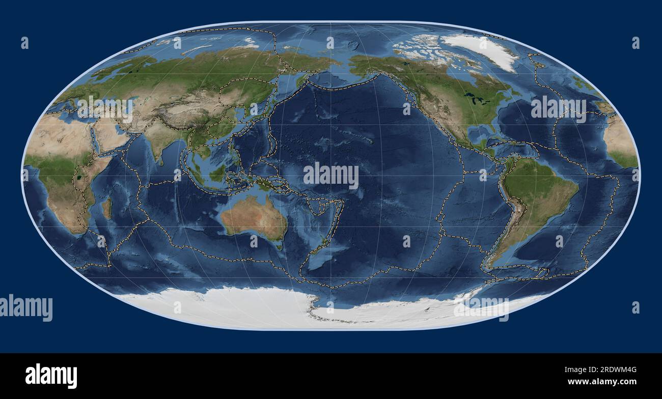 Tectonic plate boundaries on the world blue Marble satellite map in the ...