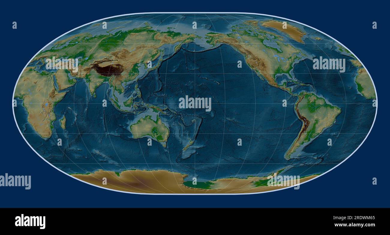 World physical elevation map in the Loximuthal projection centered on ...