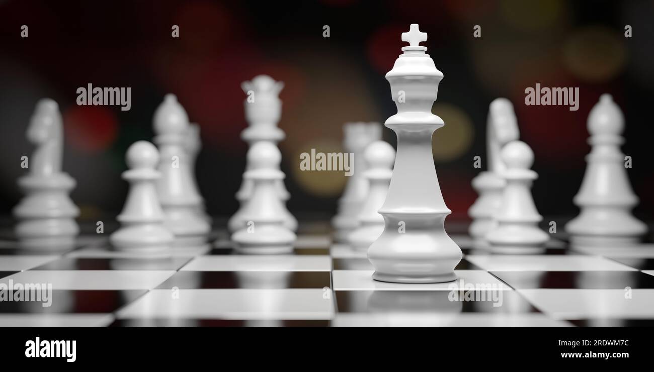 White Chess king ahead and blur chess pieces on chessboard background ...