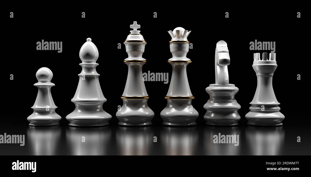 White Chess pieces. Chess king, queen, horse, bishop, rook and pawn in ...