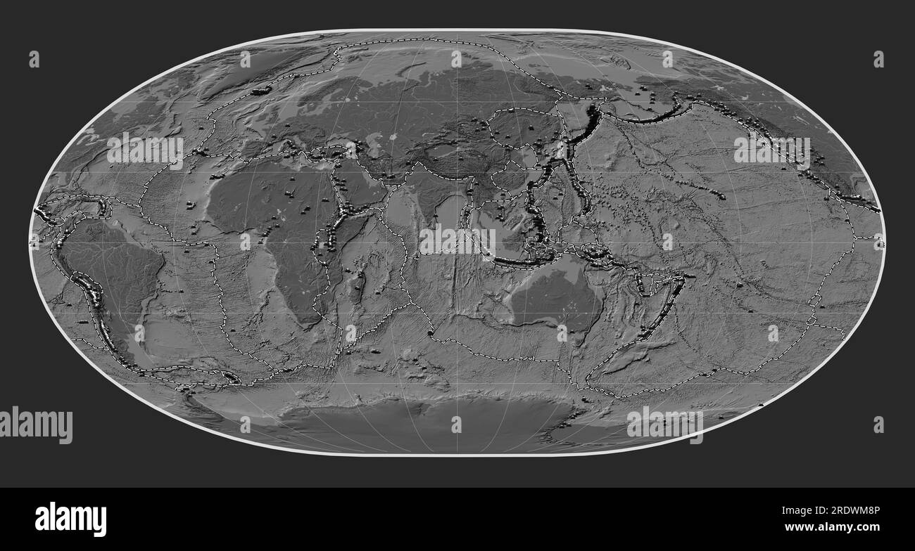 Distribution of known volcanoes on the world bilevel elevation map in ...