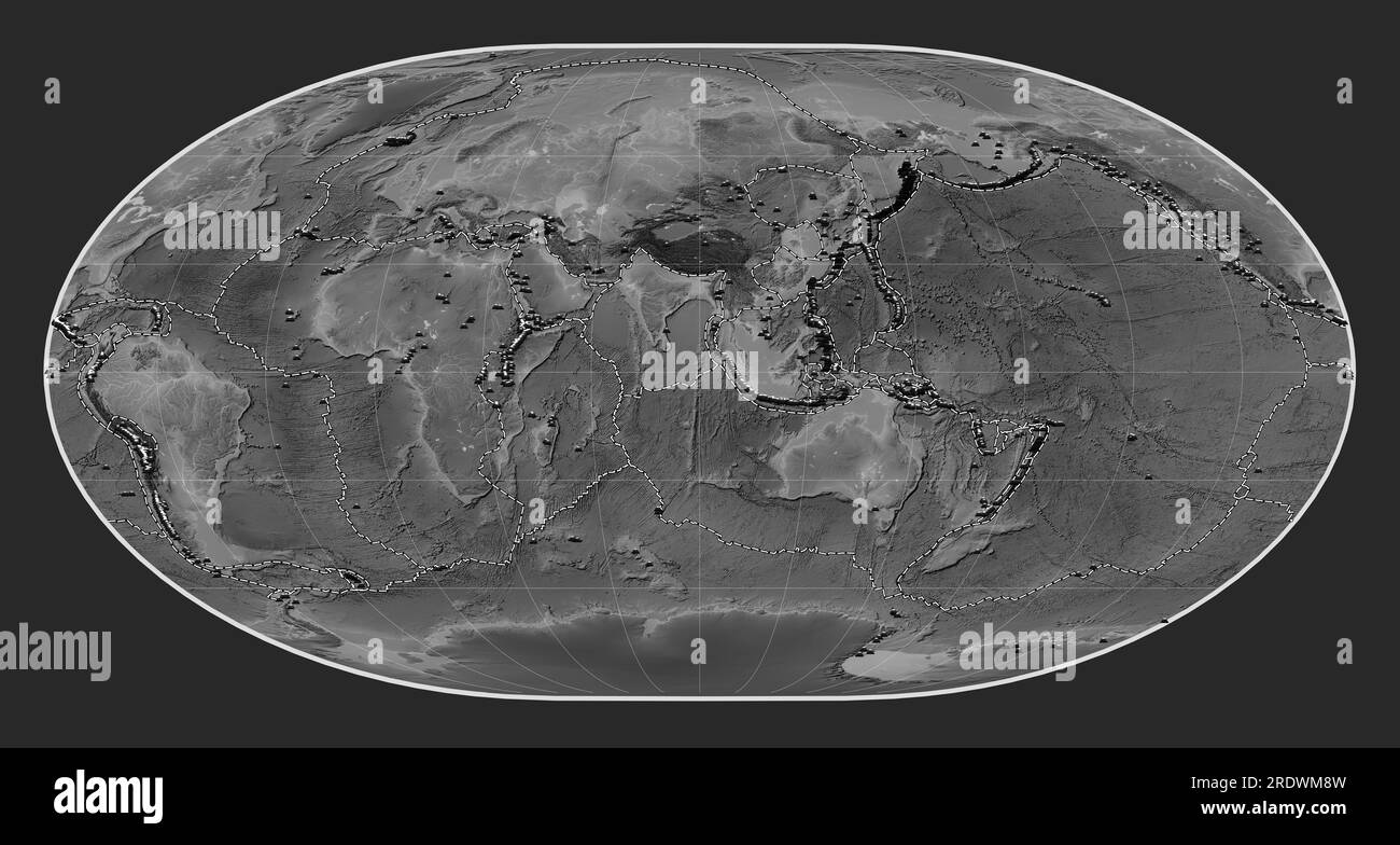 Distribution of known volcanoes on the world grayscale elevation map in ...