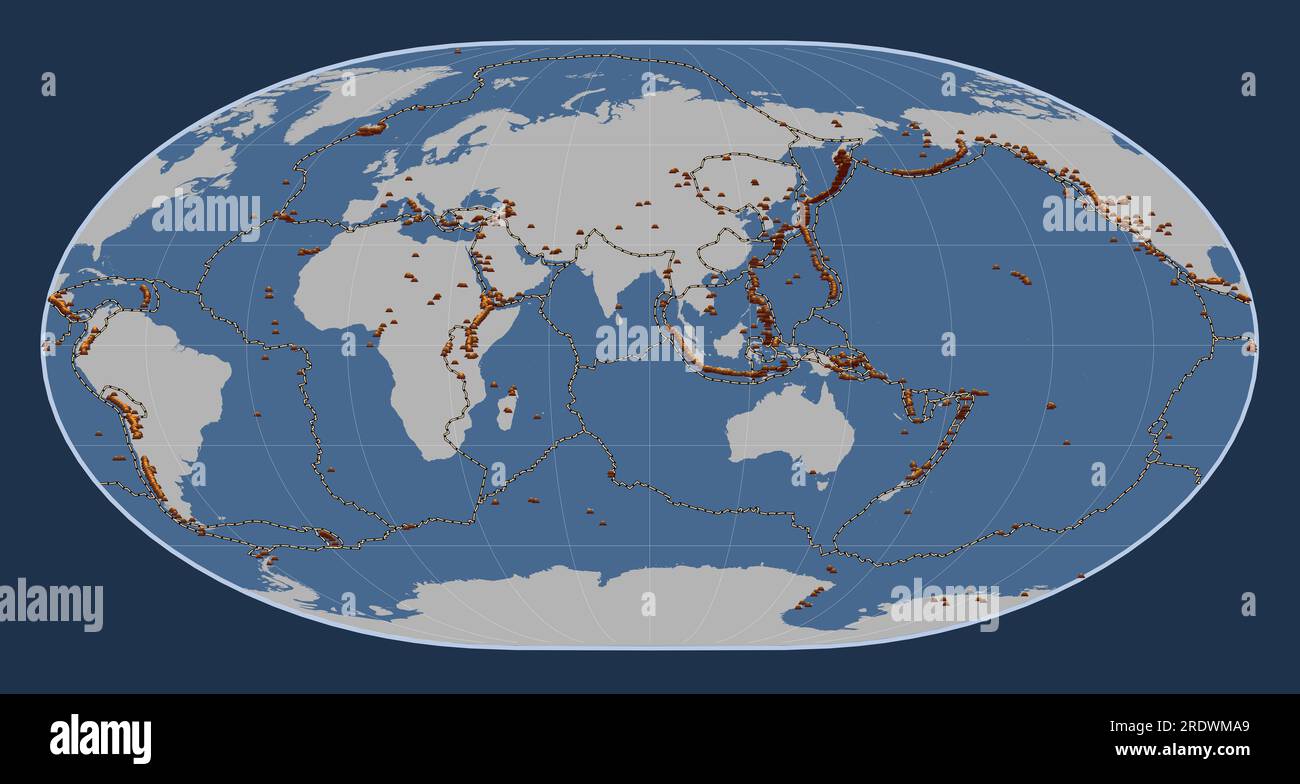 Distribution of known volcanoes on the world solid contour map in the ...