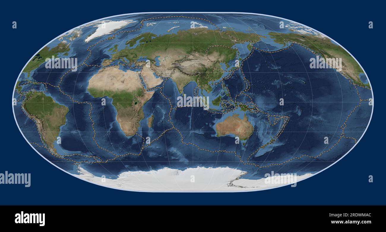 Tectonic plate boundaries on the world blue Marble satellite map in the ...
