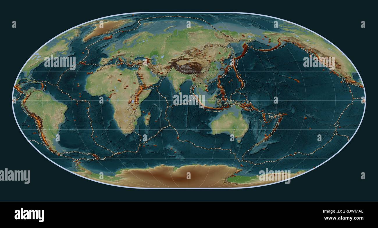 Distribution of known volcanoes on the world wikipedia style elevation ...