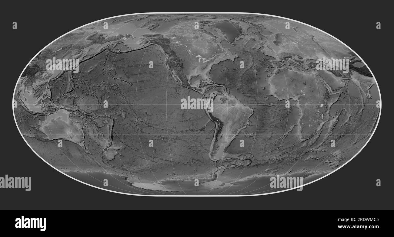 World grayscale elevation map in the Loximuthal projection centered on the 90th meridian west ...