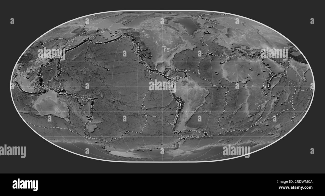 Distribution of known volcanoes on the world grayscale elevation map in ...